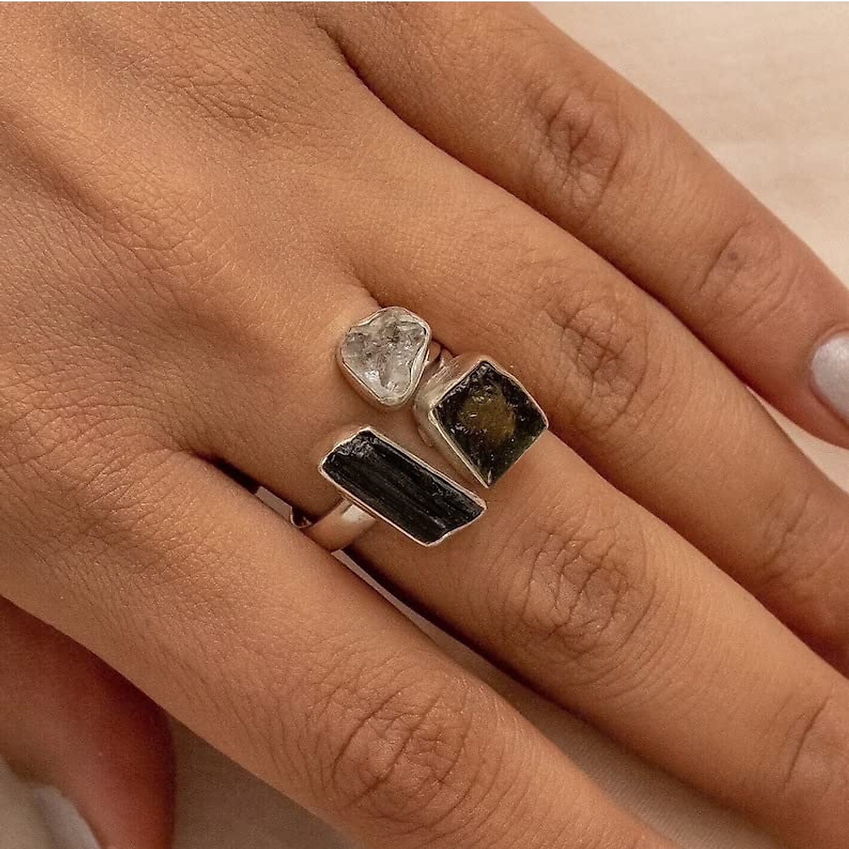 Moldavite, Black Tourmaline, Herkimer Diamond Ring With Certified Czech Republic Natural Gemstone 925 Solid Sterling Silver Handmade Jewelry (9.5)