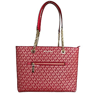 Michael Kors Jet Set Travel Medium Front Pocket Chain Tote Chili Red Gold MK