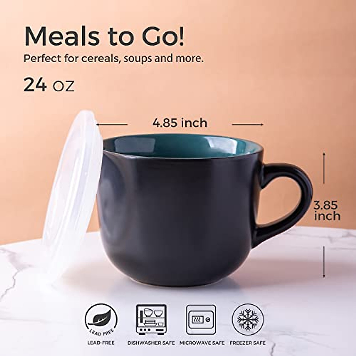 GBHOME Ceramic Soup Mugs with Lid, 24 oz Soup Cups with Hanlde for Coffee,Cereal,Salad,Noodles,Tea,Soup Bowls Cups,Microwave &Dishwasher Safe, Set of 4, Multi-color with Vented lid