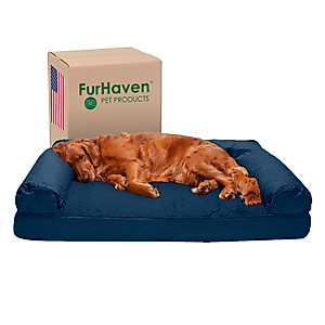 Furhaven Orthopedic Dog Bed for Large Dogs w/ Removable Bolsters & Washable Cover, For Dogs Up to 95 lbs - Quilted Sofa - Navy (Blue), Jumbo/XL