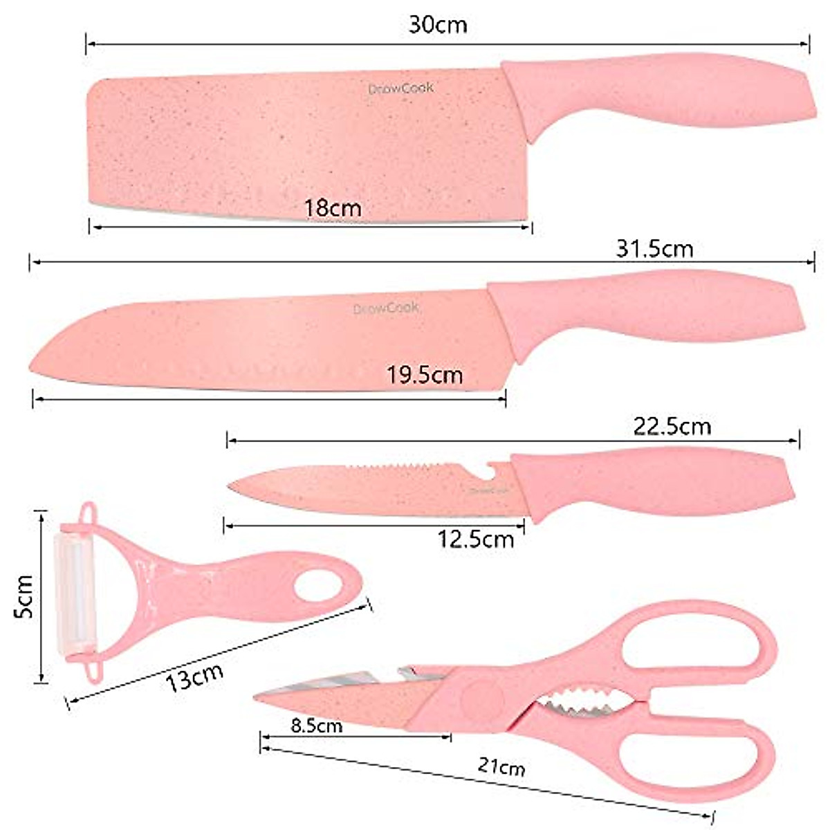 Kitchen Knife Set Pink - 5 Piece Cooking Knives, Non-Stick and Sharp Chef Knife Sets for Kitchen Cutting Meat, Scissors and Ceramic Peeler for Slicing, Paring Fruits and Vegetables