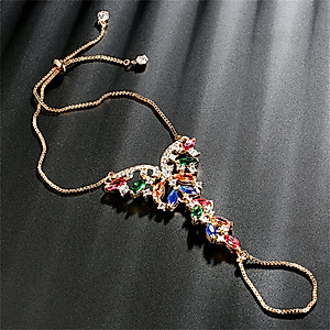 Boho Butterfly Finger Ring Bracelet for Women Girls 14K Gold Plated Colorful Cubic Zirconia Slave Hand Chain Harness Bangle Gypsy Bollywood Wedding Birthday Christmas Party Y2K Jewelry Delicate Gift