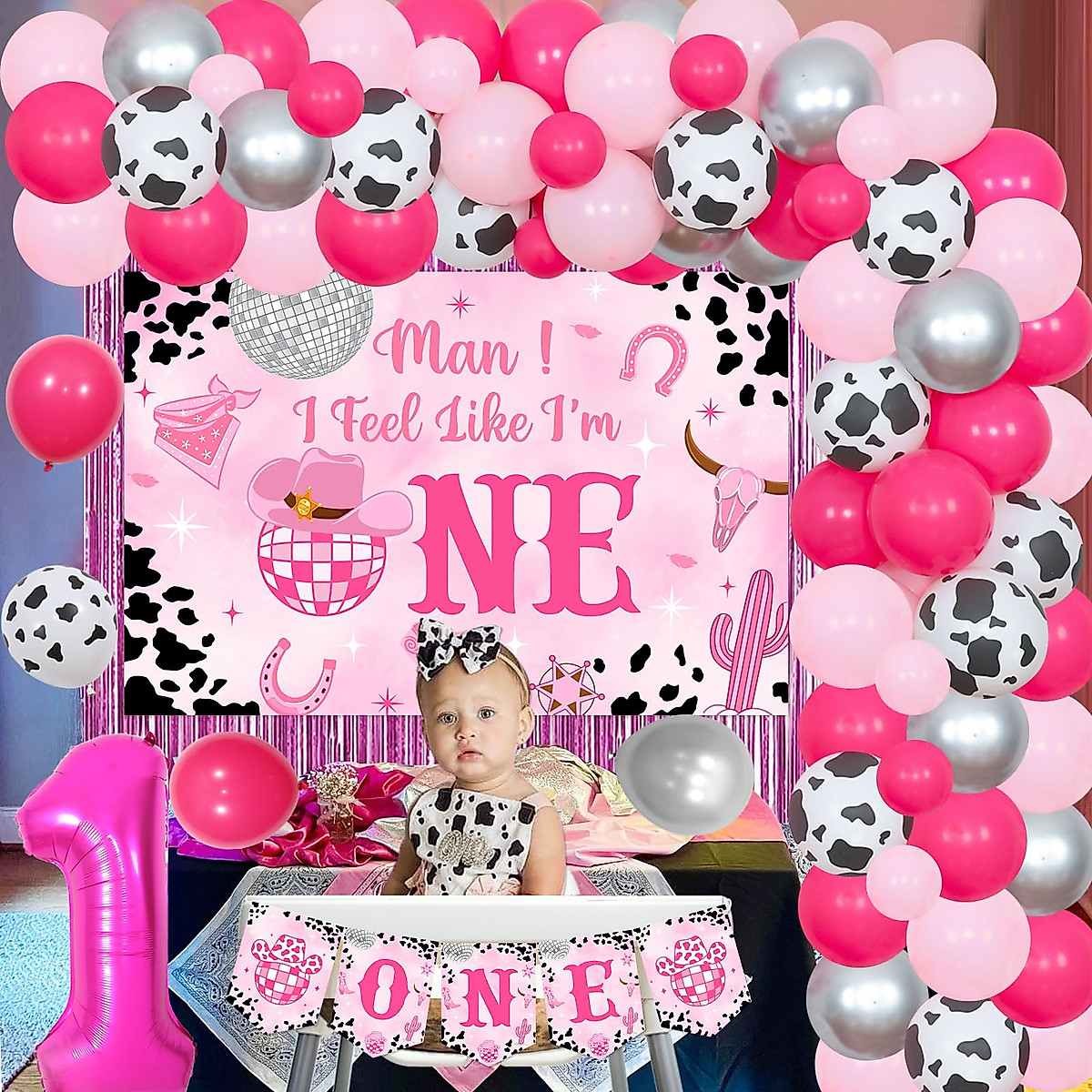 kreat4joy Disco Cowgirl 1st Birthday Decorations, Man I Feel Like I'M One Party Decorations Backdrop, Western Hot Pink Balloons Garland Arch Number 1 Foil Balloon One High Chair Banner for First Rodeo