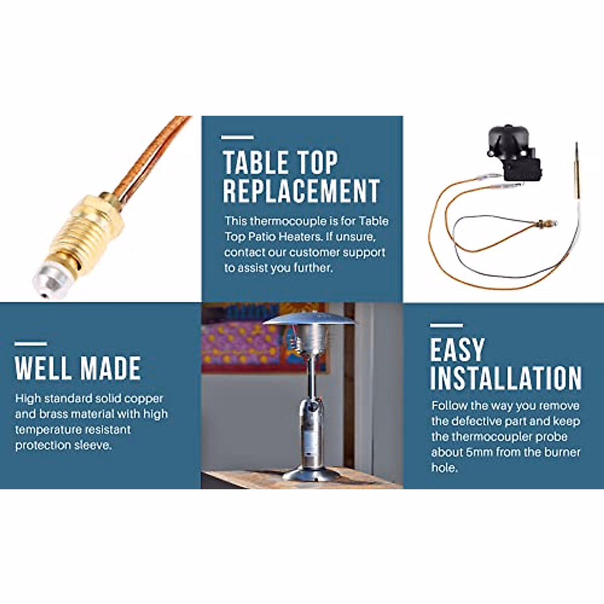 Fire Sense 62156 Thermocouple Replacement for Tabletop Patio Heater High Standard Solid Copper & Brass Material with High Temperature Resistant Protection Sleeve Fits for 60262 & 61322