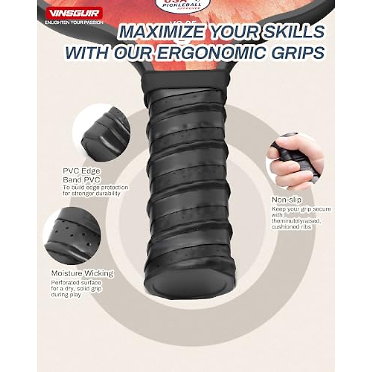 VINSGUIR Pickleball Paddles Set of 2, USAPA Approved Fiberglass Surface, Pickleball Rackets with Balls and Bag, Gifts for Women & Men