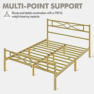 Yaheetech Metal Queen Size Bed Frame, Platform Bed Frame, Mattress Foundation with Curved Design Headboard & Footboard, NO Box Spring Needed, Heavy-Duty Support, Easy Assembly, Queen,Antique Gold