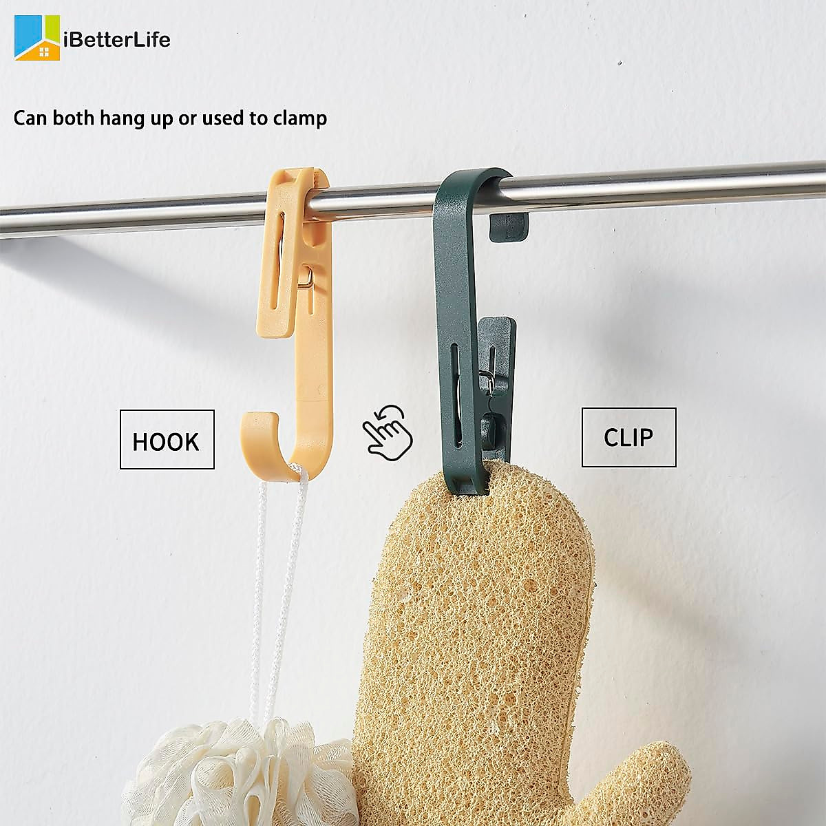 iBetterLife Clothes Pins Heavy Duty Outdoor - 8 Pcs Large Laundry Hook Hangers with Clips Closet Organizer Clamps Hanging Socks Boot Bras Towels Shower Pegs for Bathroom Wardrobe Kitchen Office