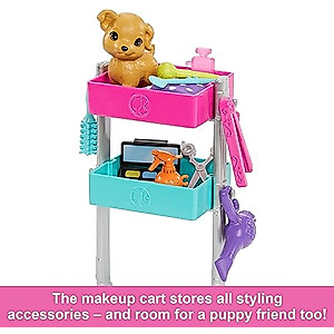 Barbie On-set Stylist Doll & 14 Accessories, Blonde Malibu Fashion Doll with Cart, Smock, Makeup Palette, Puppy & More