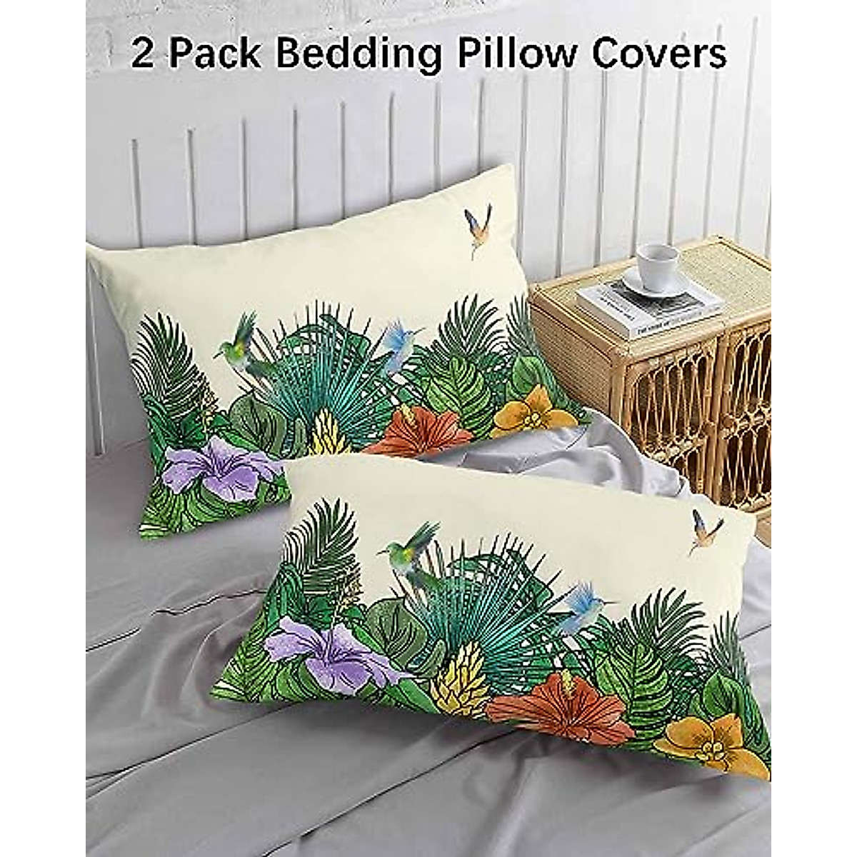 Edwiinsa Summer Tropical Plant Pillow Covers Standard Size Set of 2 20x26 Bed Pillow, Rustic Green Spring Floral Birds Plush Soft Comfort for Hair/Skin Cooling Pillowcases with Envelop Closure
