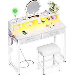 AODK Vanity Desk with Vanity Chair, Makeup Vanity with LED Lights, White Small Vanity Desk Without Mirror, 32 Inch Makeup Table for Small Space with 2 Fabric Drawers, Desk Make Up Vanity for Girls