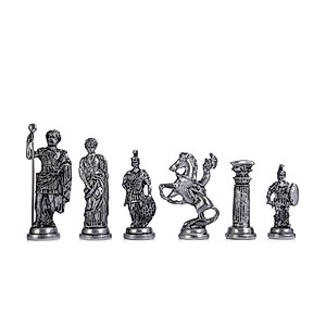 Metal Chess Set for Adult Historical Antique Copper Rome Figures Handmade Pieces and Natural Solid Wooden Chess Board with Original Pearl Around Board and Storage Inside King 4 inc