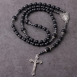 HanlinCC 6mm Black Glass Beads with 4mm Hematite Black Stone Beads Rosary Necklace with Miraculous Center piece and Crucifix pack in Velvet Gift Bag for Men and Women