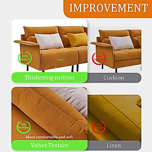 72” Velvet Loveseat Sofa, Mid Century Modern Decor Love Seat Couches for Living Room, Solid and Easy to Install Small Couch for Bedroom with Two Pillows (Orange)