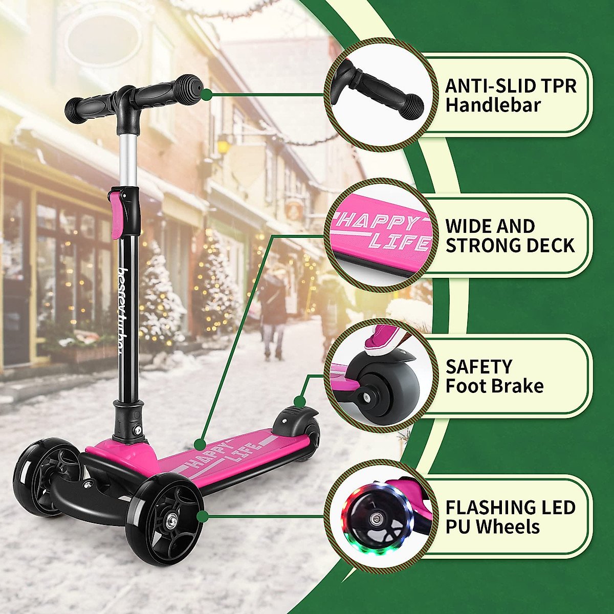 besrey Kick Scooter for Kids Ages 3-10, 3 Wheel Scooter for Kids with Adjustable Height, Folding Kids Scooter with LED Light Wheels Rear Brak Extra Wide Deck Outdoor Activities for Boys/Girls (Pink)