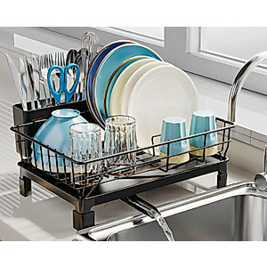 GSlife Dish Drying Rack, Small Dish Rack with Tray Compact Dish Drainer for Kitchen Counter Cabinet, Black