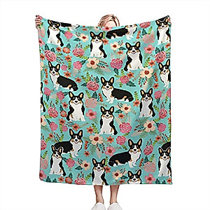 Corgi Flowers Blanket Soft Fleece Throw Blanket Cozy Fuzzy Warm Flannel Blankets for Women Men for Couch Bed Sofa All Season Gift (Green, 50"x40")