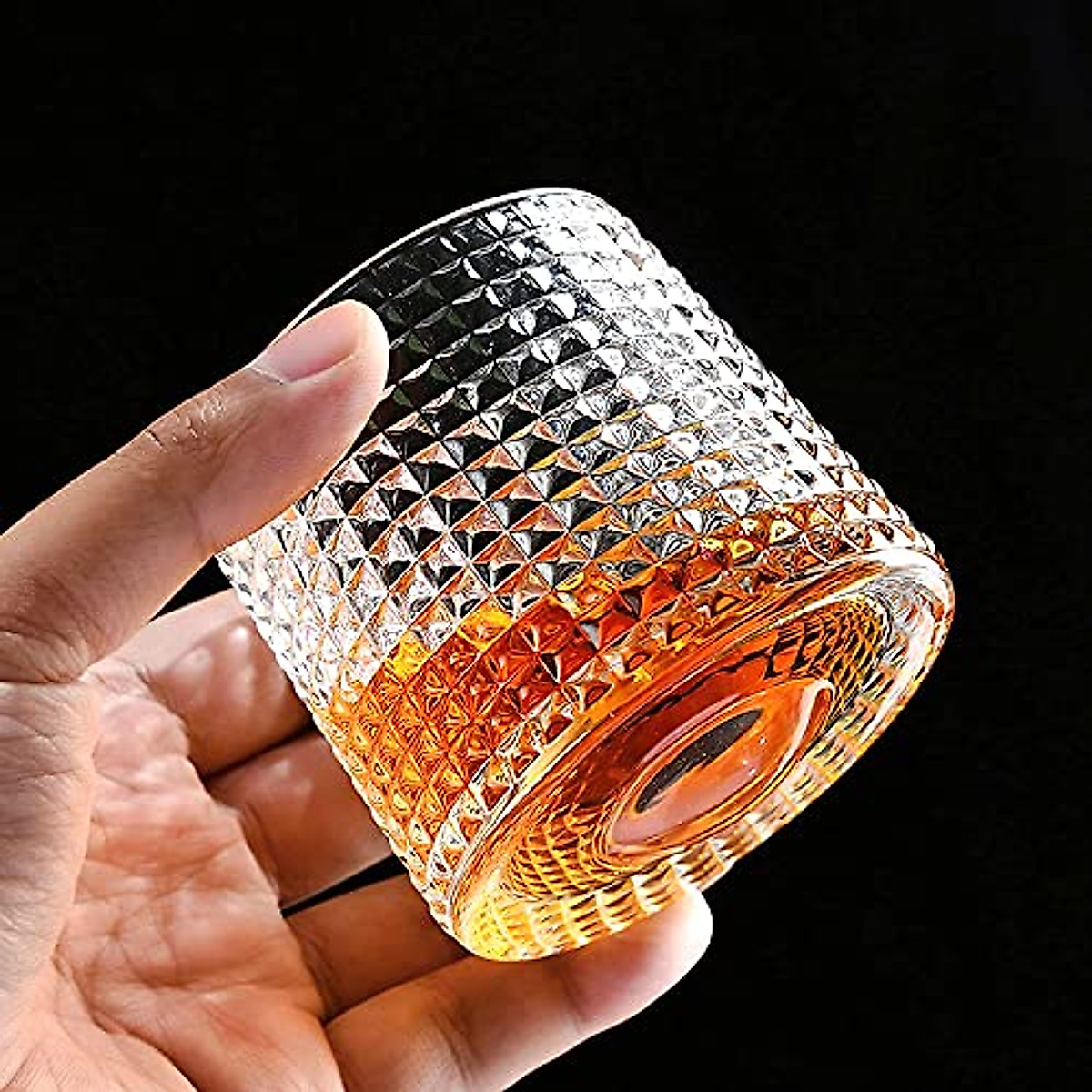JEKMOS Rotatable Whiskey Glasses Set of 2 Old Fashioned Rocks Glasses with Coasters 6.2OZ Crystal Spinning Viski Tasting Glasses for Drinking Cups Gifts for Men