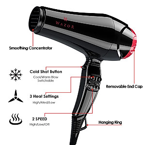 Wazor Ionic Lightweight Hair Dryer 1875W Ceramic Powerful Blow Dryer Pro AC Motor for Quick Drying, 2 Speed / 3 Heat Settings, Concentrator