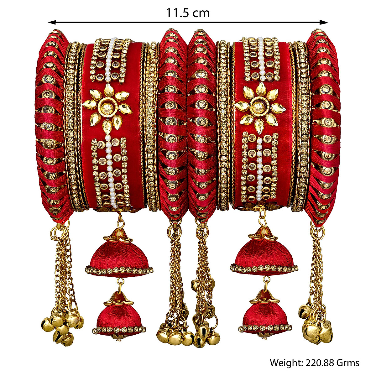 Aheli Wedding Party Designer Velvet Faux Stone Studded Bridal Bangle Set Chuda with Hangings Indian Traditional Ethnic Fashion Jewelry for Women(Red)
