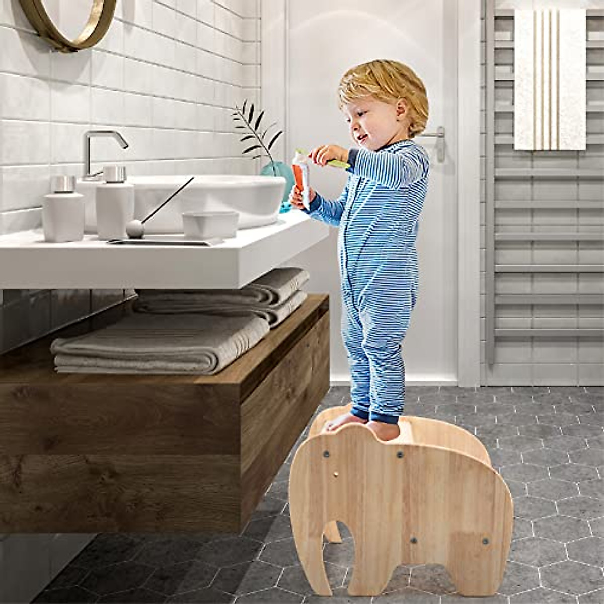 DyPinYise Wooden Step Stool for Kids, Toddler Step Stool of Elephant Shape Two Step Children's Stool for Bathroom Sink, Kitchen, Bedroom, Potty Training