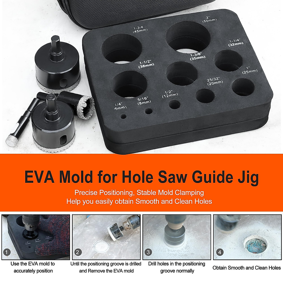 ASNOMY 10PCS Diamond Hole Saw Set, 1/4"-2"Inch Serrated Brazing Tile Hole Saw Diamond Core Drill Bits Set with EVA Mold Hole Saw Guide Jig for Porcelain Tile Glass Ceramic Stone Granite Marble