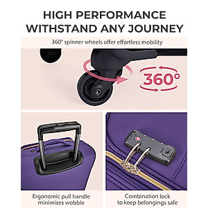 BAGSMART Carry On Luggage 20 Inch, Expandable Suitcase, Luggage with Duffel Airline Approved Rolling Softside Lightweight Suitcases with Front Pocket for Women Men, Carry-On Purple