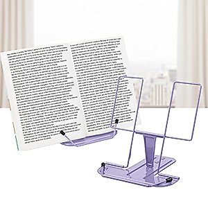 MSDADA 2pc Metal Book Stand for Desk, Adjustable Reading Rest Book Holder, Portable Cookbook Documents Holder, Sturdy Typing Stand for Recipes Textbooks Tablet Music Books with Page Clips (Purple)