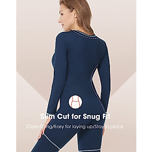 MANCYFIT Thermal Underwear for Women Fleece Lined Tops and Bottoms Base Layer for Cold Weather, Long Johns Sets Navy and White Lines X-Large