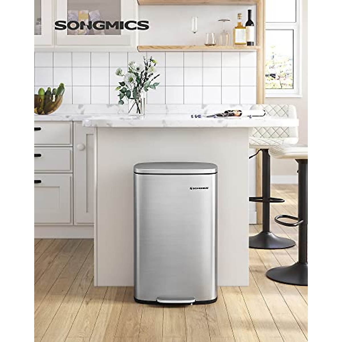 SONGMICS 13 Gallon Trash Can, Stainless Steel Kitchen Garbage Can, Recycling or Waste Bin, Soft Close, Step-On Pedal, Removable Inner Bucket, Silver ULTB050E01