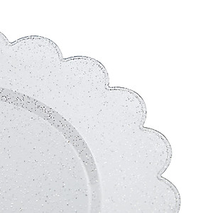 BLUE PANDA 50 Pack Silver Plastic Plates for Party Supplies, 9 Inch Disposable Silver Glitter Plastic Plates with Scalloped Edges