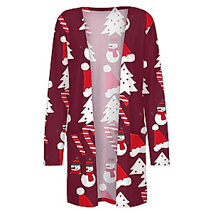 Christmas Sweater Women's Christmas Cardigan Sweater Lightweight Knitting Open Front Coat Xmas Tree Elk Print Holiday Top Outwear Purple Cardigan(AB-Wine Small)