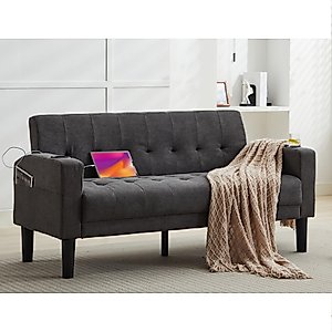 TYBOATLE 62 Inch Linen Upholstered Tufted Mid-Century Modern Loveseat Sofa w/ 2 USB Charger Ports and 2 Cupholders, Small Love Seat Couches for Living Room, Bedroom, Apartment, Dorm (Dark Grey)