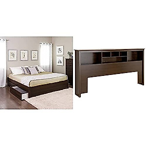 Prepac Select King 4 Post Platform Bed with 4 Drawers, 83" L x 79" W x 16" H, Espresso & King Bookcase Headboard, Espresso