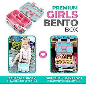 Kinsho Bento Lunch Box for Kids Toddlers, 5 Portion Control Sections, BPA Free Removable Plastic Tray, Pre-School Kid Toddler Daycare Lunches, Snack Container Ages 3 to 7 (Aqua Cat Mermaid)