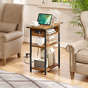 HOOBRO Narrow LED End Table with Charging Station, Small Side Table Outlets, Nightstand with USB C Port, Skinny Couch Table, for Living Room, Bedroom, Bedside, Rustic Brown and Black BF130UDBZ01