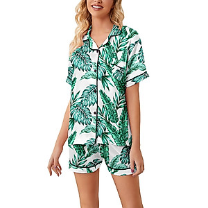Silk Pjs for Women Set, Cute Silky Matching 2 Pcs Comfy Nightwear Button Down Sexy Soft Satin Summer Pj Short Set, Leaves Green, Medium