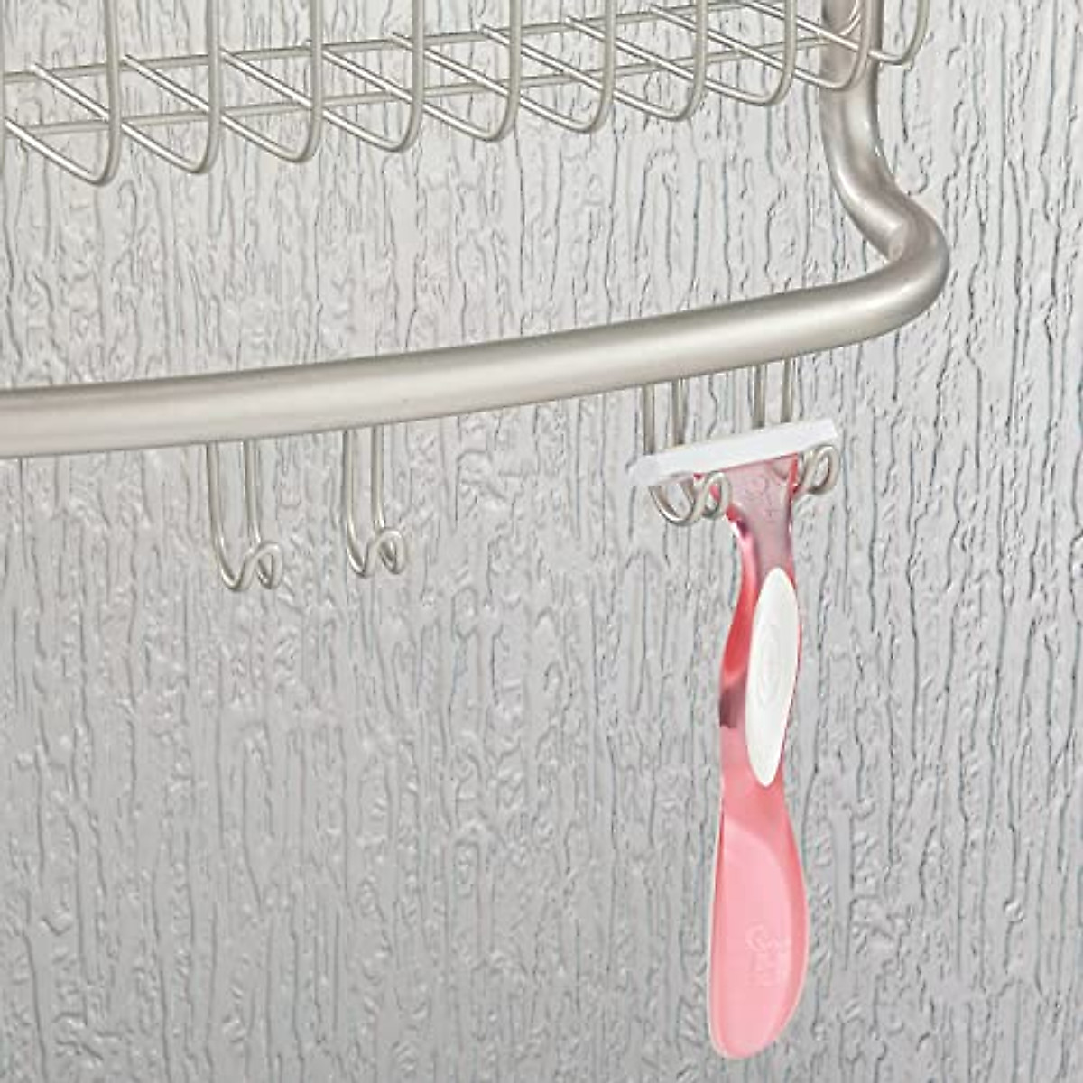 mDesign Stainless Steel Bath/Shower Over Door Caddy, Hanging Storage Organizer 2-Tier Rack with 6 Hooks and 2 Baskets - Holder for Soap, Shampoo, Loofah, Body Wash, Omni Collection, Satin