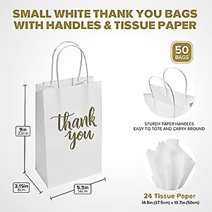 DjinnGlory 50 Pack Small White Thank You Paper Gift Bags with Handles and 24 Sheets Tissue Paper for Small Business, Shopping, Wedding, Baby Shower, Party Favors (Small 9''x5.5''x3.15'', White)
