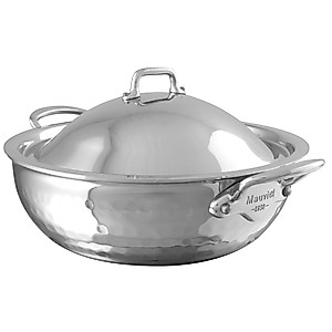 Mauviel M'Elite 5-Ply Hammered Polished Stainless Steel Splayed Curved Saute Pan With Dome Lid, And Cast Stainless Steel Handles, 3.3-qt, Made in France