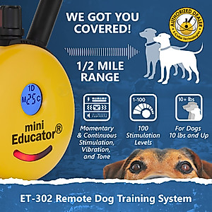 Mini Educator ET-302-1/2 Mile Rechargeable Dog Trainer Ecollar with Remote for Small, Medium, and Large Dogs by E-Collar Technologies - Electric, Vibration, Tone, and Stimulation Collar