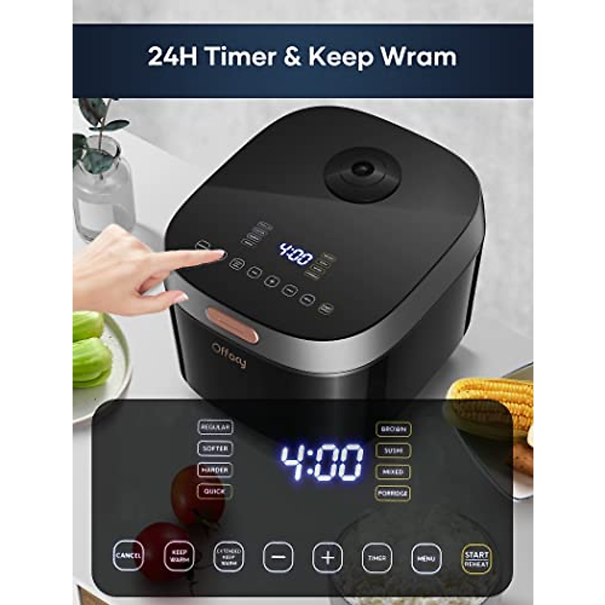 Offacy Rice Cooker, Smart Multi-Function Touch Panel, 8 Cups (Uncooked), 24-H Delay Timer, Auto Keep Warm, Nonstick Inner Pot, for Soft White Rice, Brown Rice, Sushi, Porridge