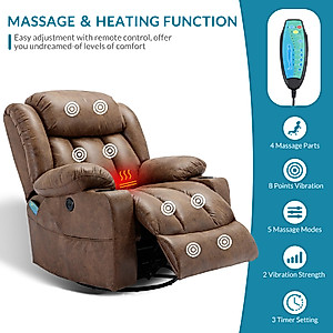 OUINCH Manual 360 Degree Swivel Glider Rocker Recliner Chair with Massage and Heat, USB Ports, Side Pockets and Cup Holders (Brown)