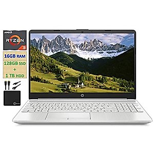 2021 HP Flagship 15.6” HD Laptop Computer, AMD Ryzen 3 3250U up to 3.5GHz (Beat Intel i5-7200U), 16GB RAM, 128GB SSD+1TB HDD, HD Webcam,Remote Work,WiFi, Bluetooth 4.2, HDMI, Win10 S, w/Marxsol Cables