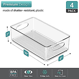 Stackable Refrigerator Organizer Bins - Clear Storage Bins for Kitchen Pantry, Freezer & Fridge Organization - Food Organizing Plastic Containers with Handles for Countertops & Drawers - (4 Pack)