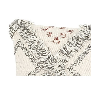 Creative Co-Op Wool Cream Kilim Pillow with Grey Fringe Accents
