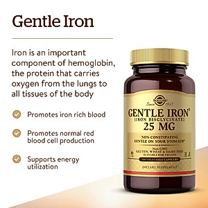 Solgar Gentle Iron (Iron Bisglycinate) 25 mg - 180 Vegetable Capsules - Non-Constipating, Gentle on Your Stomach - Non-GMO, Gluten Free - 180 Servings