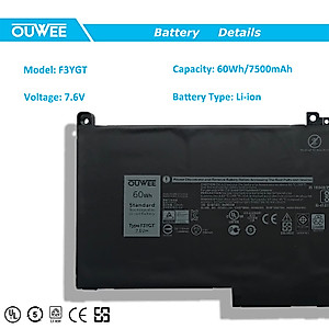 OUWEE F3YGT Laptop Battery Compatible with Dell Latitude 12 7000 7280 7290 13 7380 7390 14 7480 7490 E7280 E7480 E7290 E7380 E7390 E7490 Series DM3WC 0DM3WC 2X39G 7.6V 60Wh 7500mAh