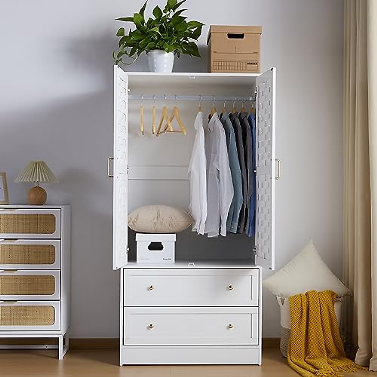 QEIUZON Wardrobe Closet, Freestanding Closet Wardrobe Cabinet with Wide Drawers & Hanging Rod, Armoire for Bedroom, Kids' Room, Dorm (White)