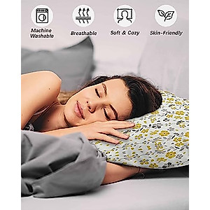 Weeping Flowers Pillow Covers King Standard Set of 2 20x36 Bed Pillow, Yellow Grey Summer Spring Floral Botanical Art Plush Soft Comfort for Hair/ Skin Cooling Pillowcases with Envelop Closure