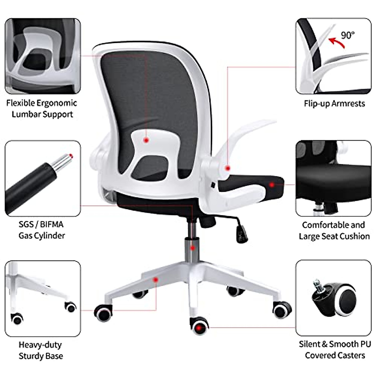 Darkecho Office Chair Ergonomic Desk Chair Mesh Computer Chair Modern Swivel Task Chair Comfy Executive Office Chair with Lumbar Support,Flip-up Armrests,Tilt Function and Foldable Backrest White